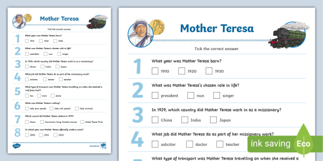 Mother Teresa Quiz,Mother Teresa (teacher made)