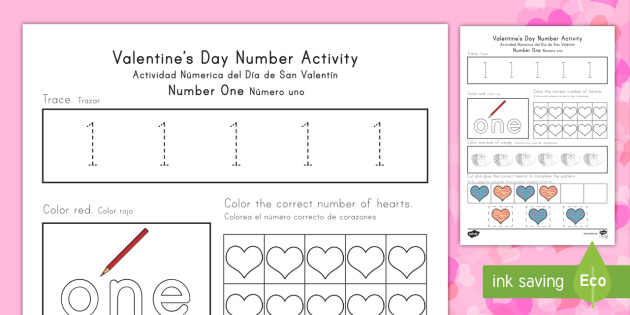 Valentine's Day Number One Worksheet / Worksheet US English/Spanish (Latin)
