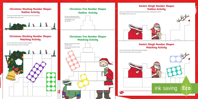 Christmas-Themed Number Shape Matching and Outlines Activity Pack - EYFS
