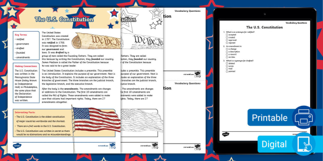 Third Grade U.S. Constitution Fact File Vocabulary Questions