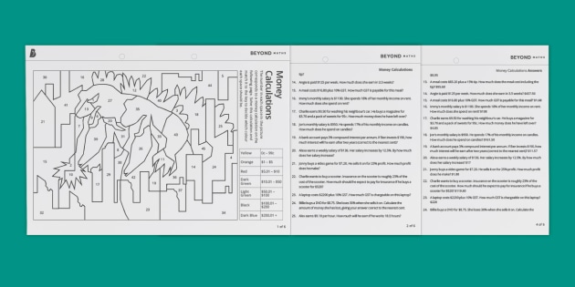 Money Calculations Colour By Number (teacher made)