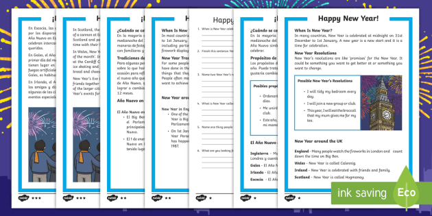 New Year Differentiated Reading Comprehension Activity English/Spanish
