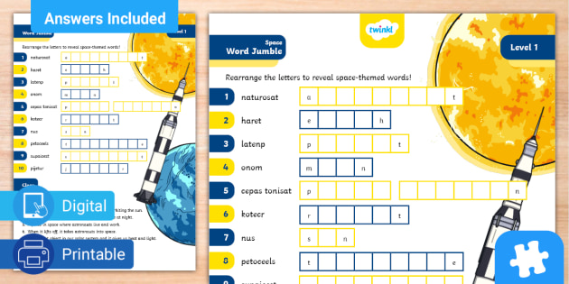 Space Themed Fun Word Jumble Puzzle - L1 - Twinkl Puzzled
