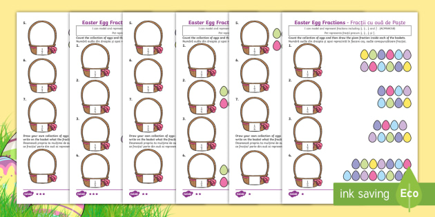 Easter Egg Fractions Differentiated Worksheets English/Romanian