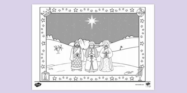 FREE! - Three Kings in Desert with Border Colouring Sheet - Twinkl