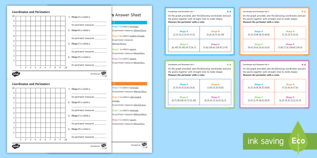 Coordinates and Perimeters Challenge Cards with Grid Worksheet / Worksheet
