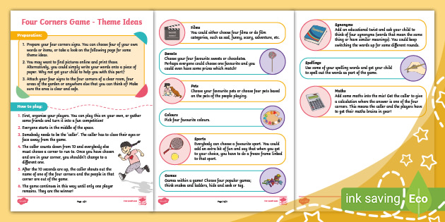 Four Corners Game: Theme Ideas (teacher made)
