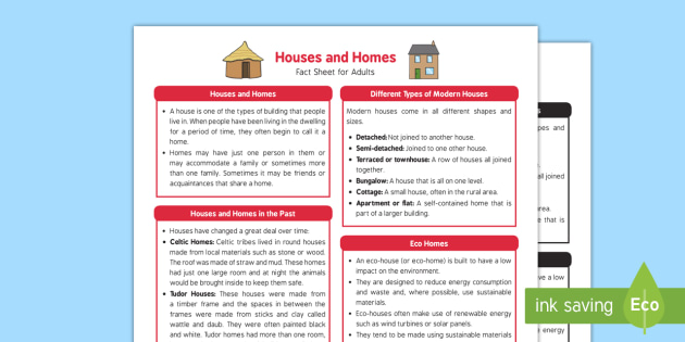 Houses and Homes Fact Sheet for Adults (teacher made)