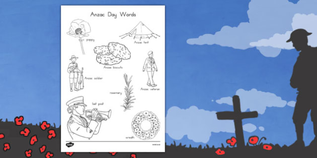 Anzac Day Words Colouring Sheet - anzac day, anzac, colour in