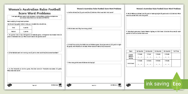 Women's Australian Rules Football Score Word Problems Worksheet