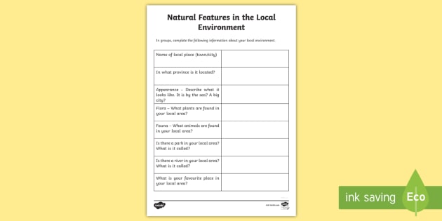 Natural features in the Local Environment Write Up Worksheet / Worksheet