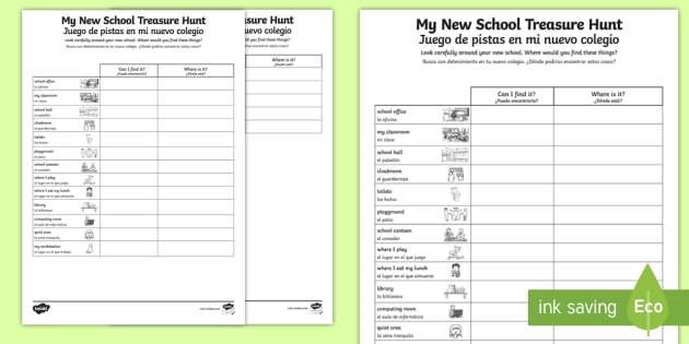 My New School Treasure Hunt Activity - English / Spanish - EAL, My New