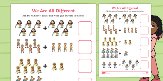 We Are All Different Addition to 10 Worksheet (teacher made)