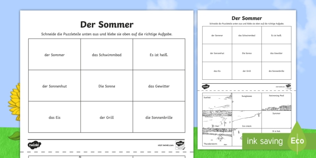 Summer Words Picture Activity German (teacher made)
