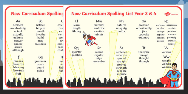 Superhero Themed Spelling List Years 3 and 4