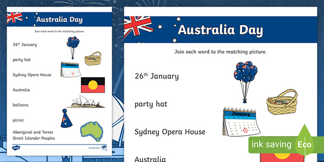 Australia Day Word and Picture Matching Worksheet - australia