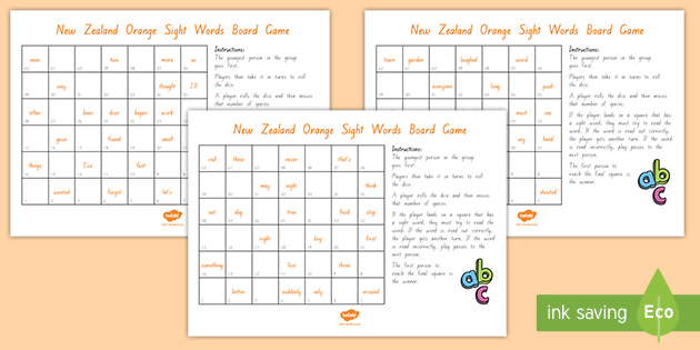 New Zealand Orange Sight Words Board Game