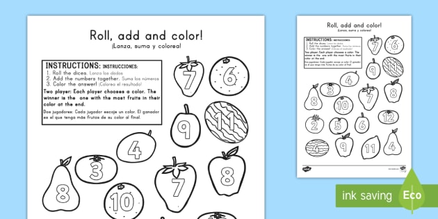 Fruit Roll and Color Dice Addition Activity English/Spanish - Fruit ...