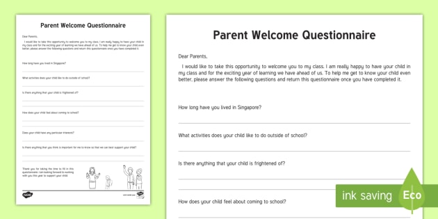 Parent Welcome Questionnaire Transition Sheet