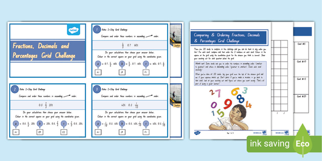 Comparing & Ordering Fractions, Decimals & Percentages Grid Challenge ...