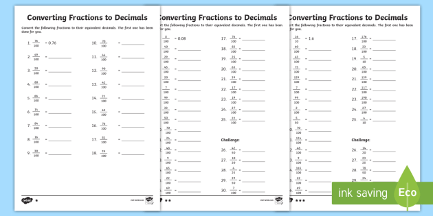 Convert Fractions to Decimals Worksheet | Math Learning