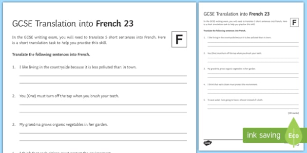 GCSE French Translation into French 23 Foundation Tier Worksheet ...