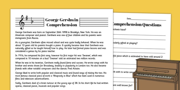 George Gershwin Reading Comprehension Activity