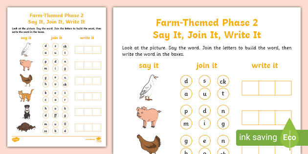 Farm-Themed Phase 2 Say It, Join It, Write It Activity