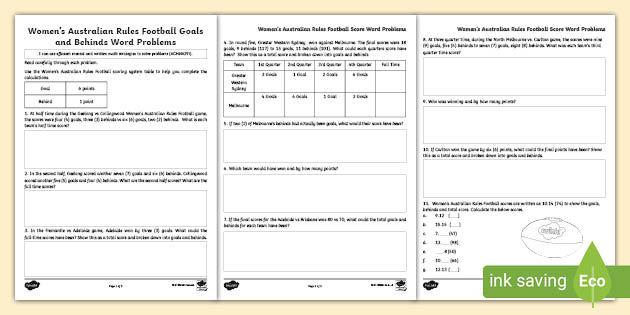 Women's Australian Rules Football Goal and Behind Word Problems Worksheet