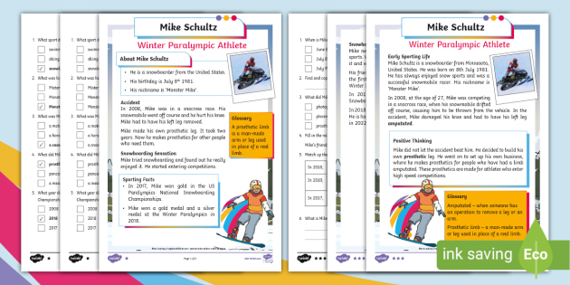 KS1 Mike Schultz Winter Paralympics Athlete Differentiated Reading
