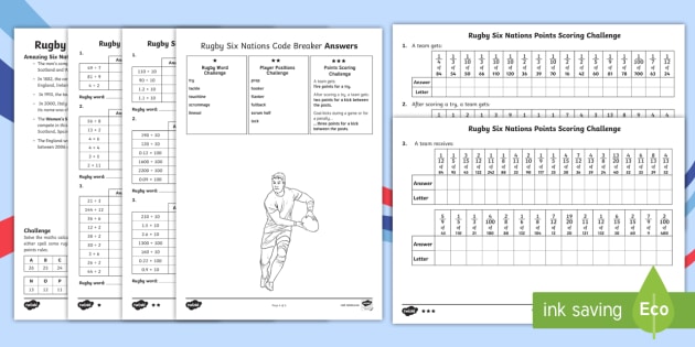 KS2 Rugby Six Nations Code Breaker Maths Worksheets