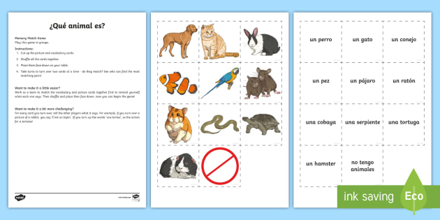 Pets Memory Match Game Spanish