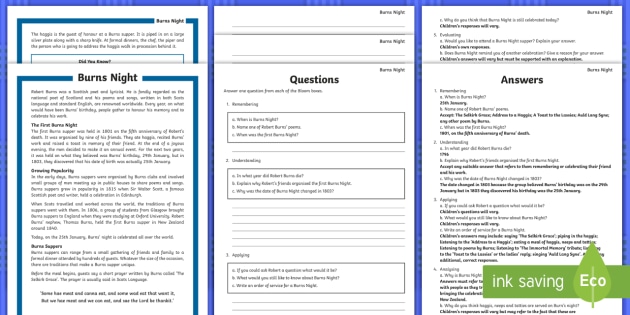 Burns Night Bloom Reading Comprehension Activity