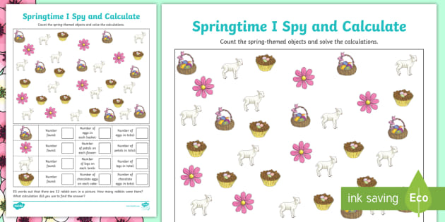 Spring-Themed I Spy and Calculate Multiplication up to 12× 12 Worksheet
