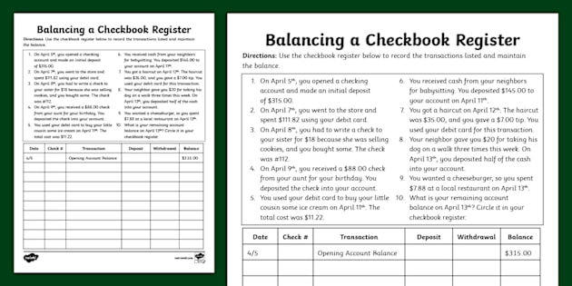 Checkbook Register Worksheet Quiz