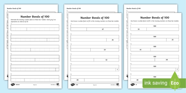 Bar Modeling Number Bonds to 100 Differentiated Worksheet / Worksheet Pack