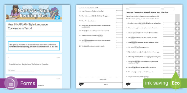 NAPLAN Style Language Conventions Set Four Year 5 Exam Questions Pack