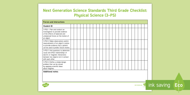 Next Generation Science Standards Third Grade Student Checklist