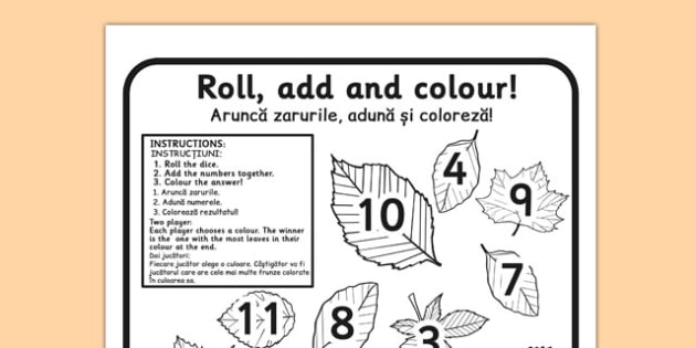 Leaf Roll and Colour Dice Addition Activity Romanian Translation
