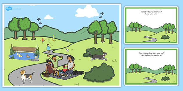 Park Scene and Question Cards Arabic Translation
