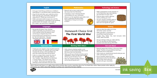 * NEW * KS2 First World War Homework Grid - active homework
