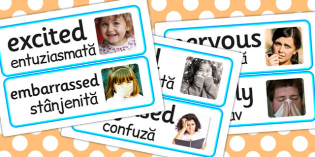 Large Emotions Feelings Photo Cards EAL Romanian Translation