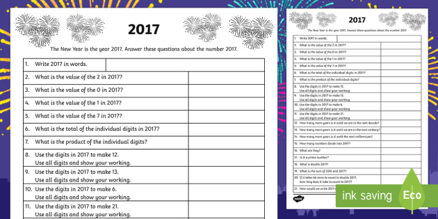 The Year 2017 Number Fact Challenge Worksheet / Worksheet