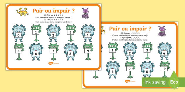 Poster d'affichage : Les nombres pairs et impairs