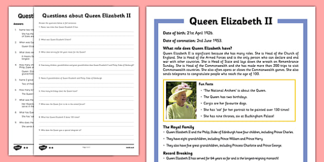 KS1 Queen Elizabeth II Differentiated Reading Comprehension Activity