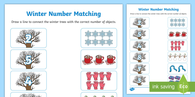 Winter Number Activities- Number Matching Worksheet