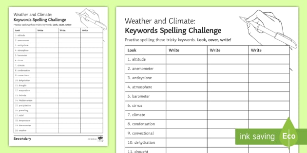 Weather and Climate Spelling Challenge! Worksheet / Worksheet