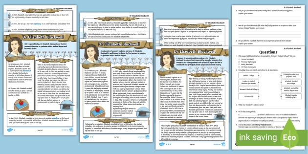 UKS2 Dr Elizabeth Blackwell Reading Comprehension Activity