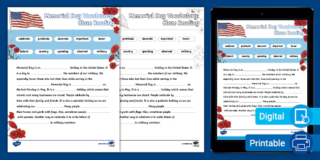 Memorial Day Reading Cloze Activity | 3rd Grade | Twinkl USA