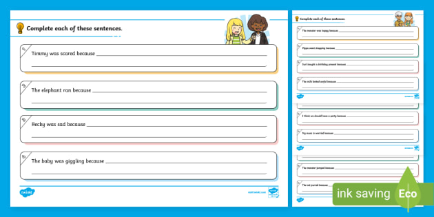 Sentence Starters With Because Complete The Sentence Activity